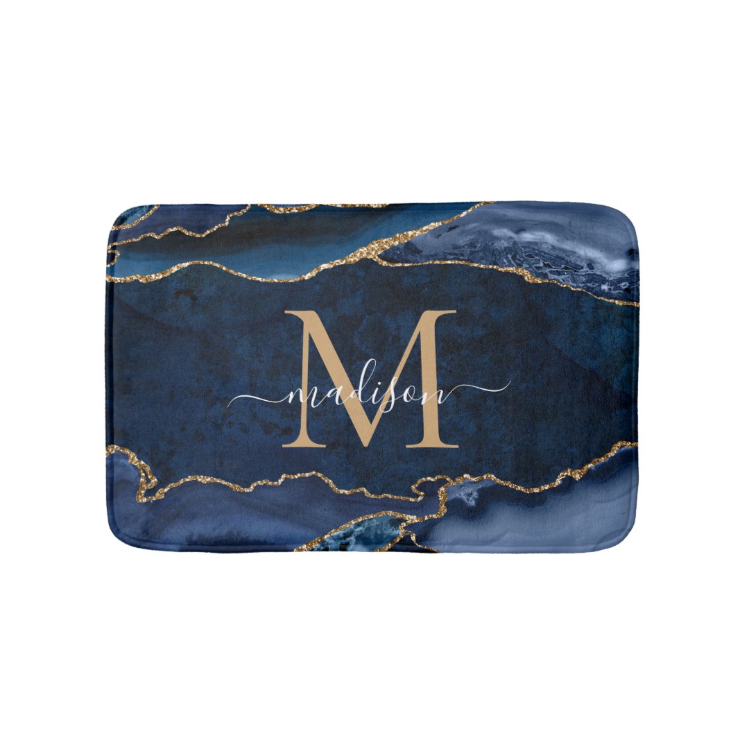 Stylish Navy Blue Gold Agate Geode Chic Monogram Bath Mat | Zazzle