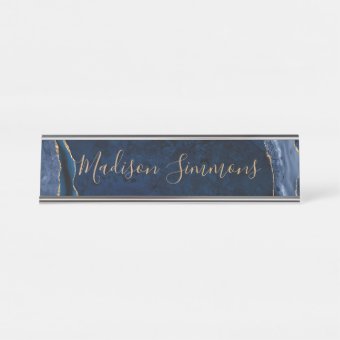 Stylish Navy Blue Gold Agate Geode Feminine Script Desk Name Plate | Zazzle