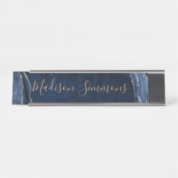 Stylish Navy Blue Gold Agate Geode Feminine Script Desk Name Plate | Zazzle