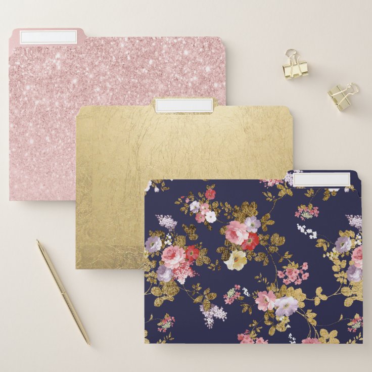 Stylish navy blue pink gold boho floral file folder | Zazzle