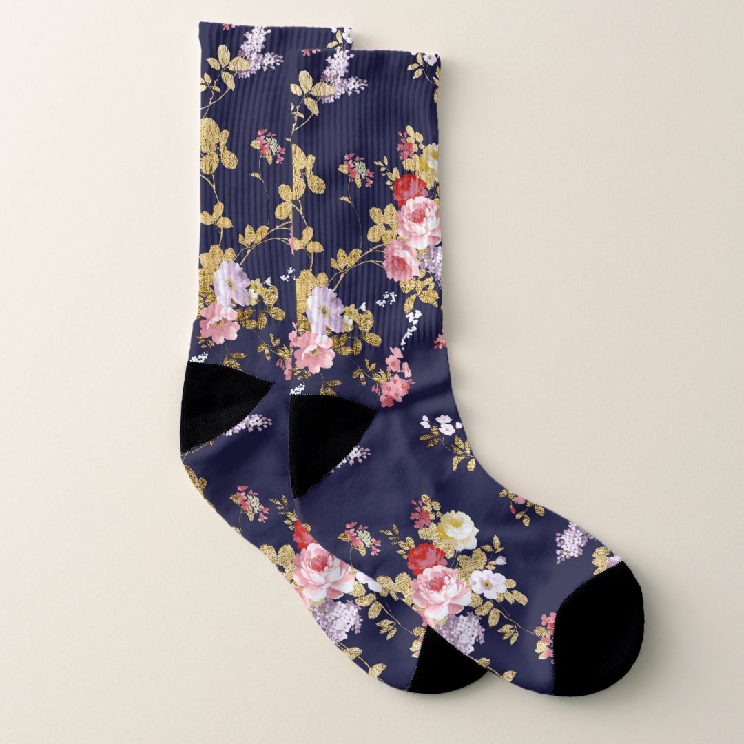Stylish navy blue pink gold boho floral socks | Zazzle