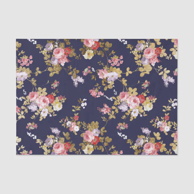 Stylish navy blue pink gold boho floral tissue paper | Zazzle
