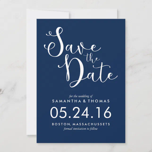 Stylish Navy Blue Script Wedding Save the Date | Zazzle