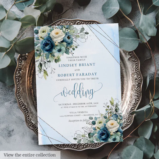 Stylish Navy Blue Silver Floral Wedding Invitation | Zazzle