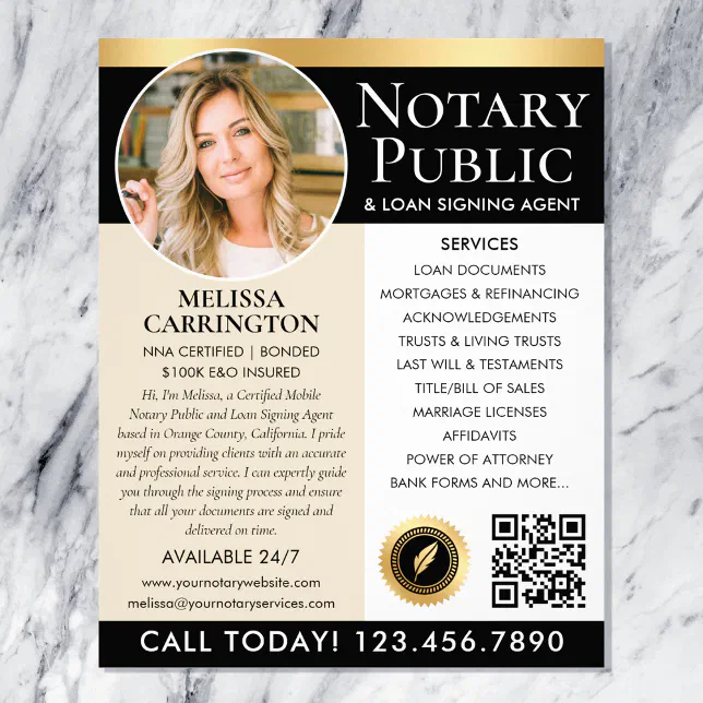 Stylish Notary Public Services Photo Black Gold Flyer | Zazzle