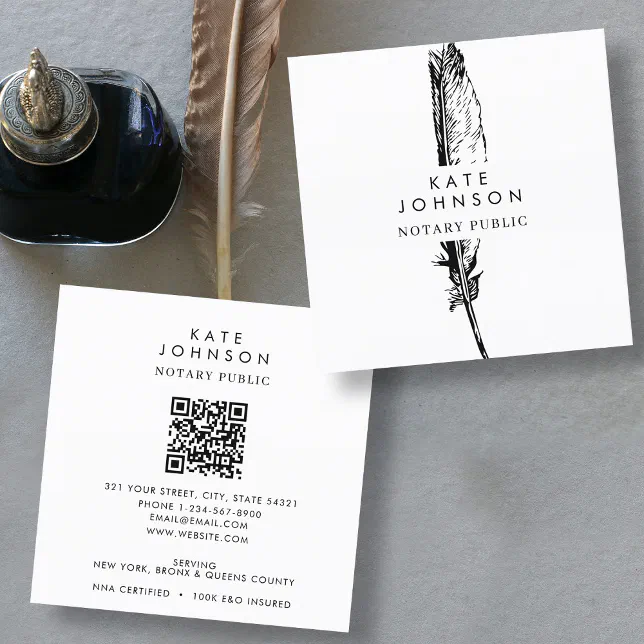 Stylish Notary Signing Agent Feather Quill Logo Square Business Card ...