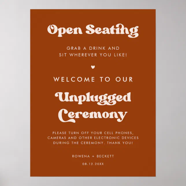Stylish Orange Open seating Unplugged ceremony Poster | Zazzle