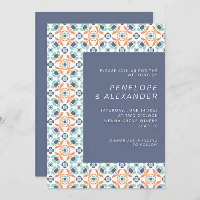 Stylish Ornate Geometric Pattern in Blue Wedding Invitation | Zazzle