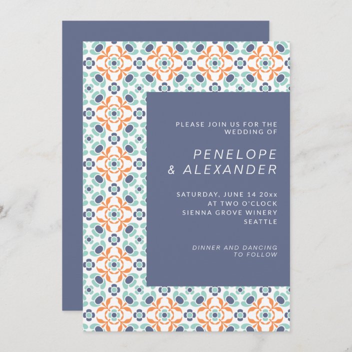 Stylish Ornate Geometric Pattern in Blue Wedding Invitation | Zazzle.com