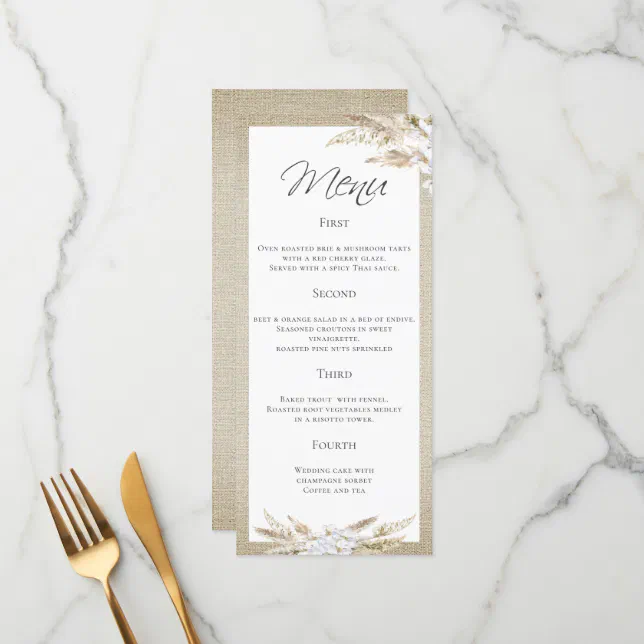 Stylish Pampas Grass 4 Course Wedding Menu | Zazzle