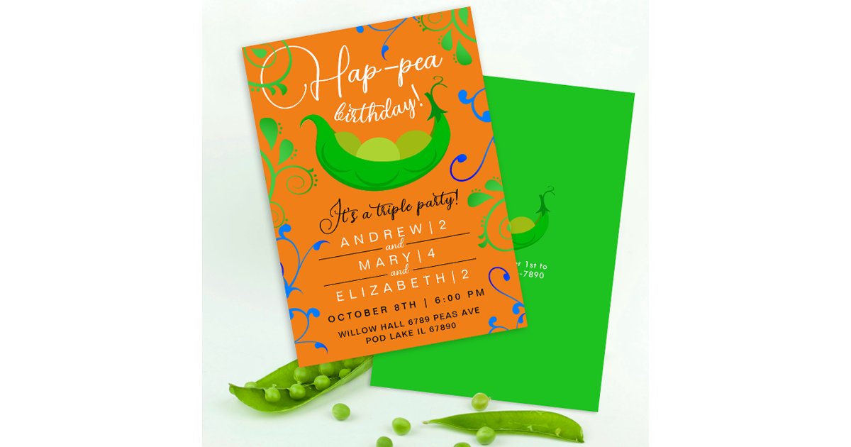 Stylish Peas In A Pod Orange Triplets Joint Party Invitation | Zazzle