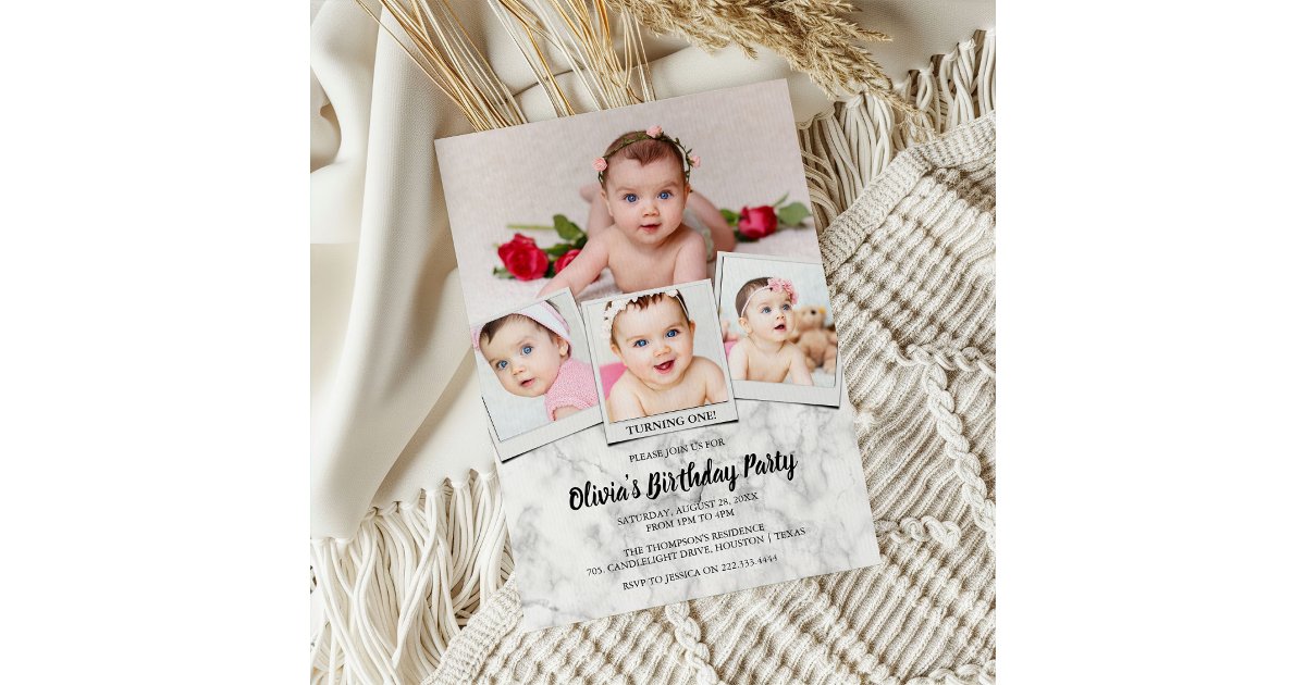 Stylish Photo Collage Marble Birthday Party Invitation | Zazzle