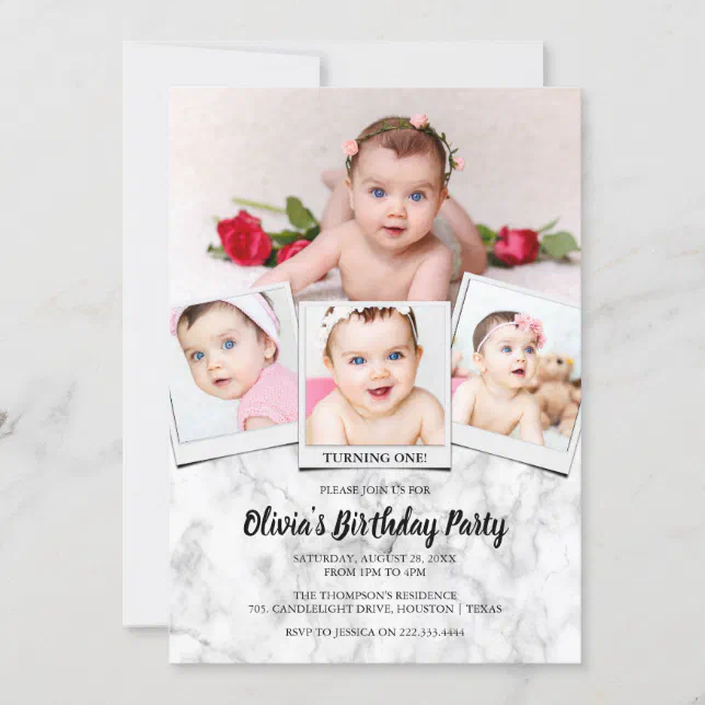 Stylish Photo Collage Marble Birthday Party Invitation | Zazzle