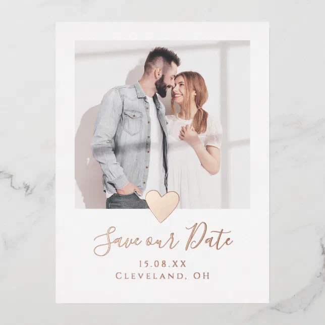 Stylish Photo Heart Save the Date Real Rose Gold Foil Invitation ...