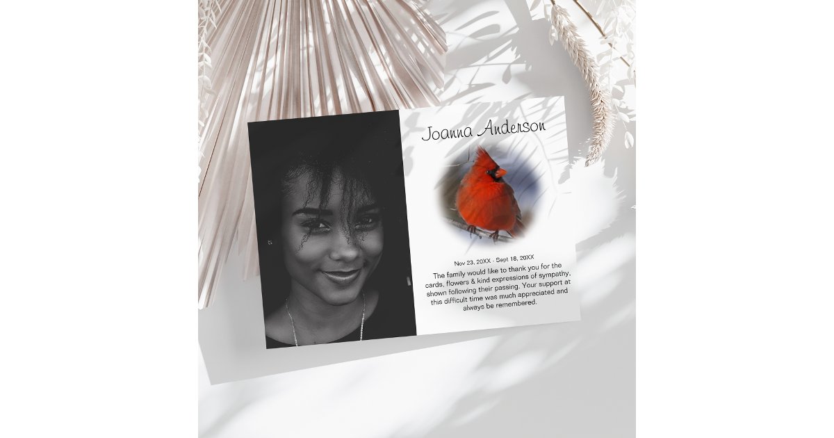 Stylish Photo Red Cardinal Funeral Thank You | Zazzle