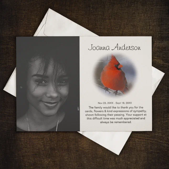 Stylish Photo Red Cardinal Funeral Thank You | Zazzle