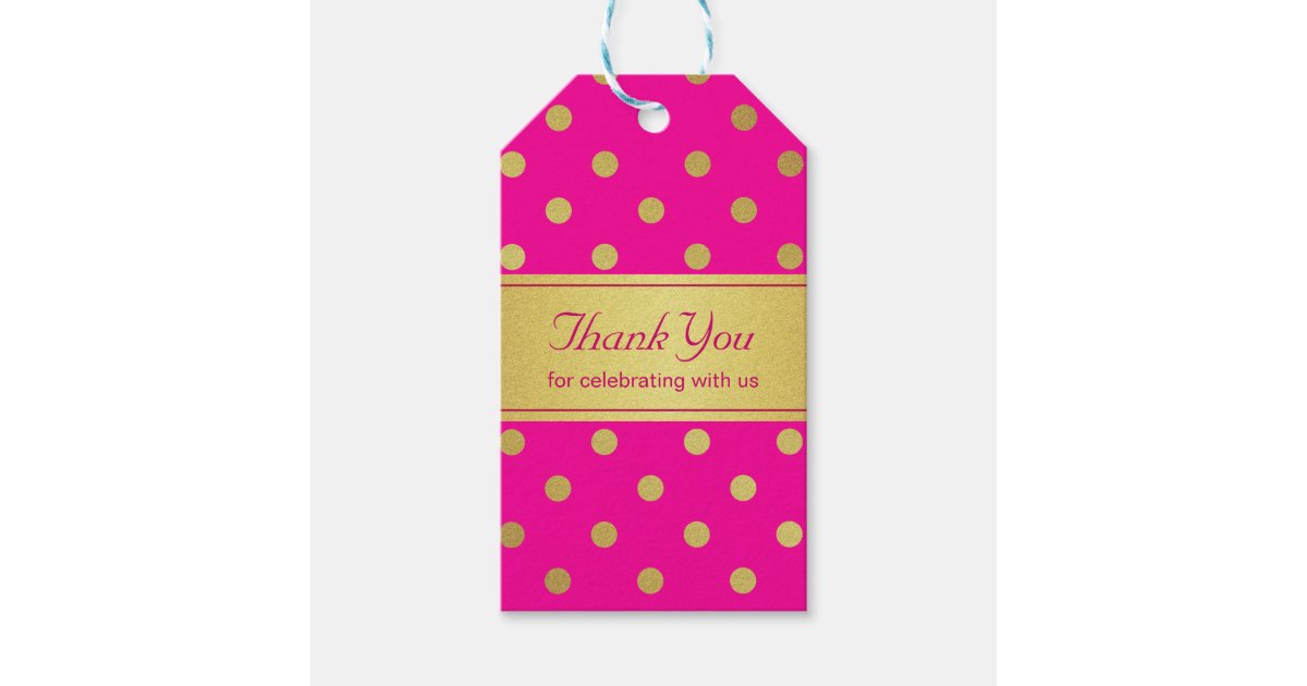 Stylish Pink and Gold Glitter Polka Dots Thank You Gift Tags | Zazzle