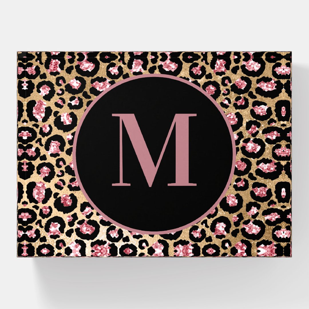 Stylish Pink Black Gold Cheetah Leopard Monogram Paperweight | Zazzle