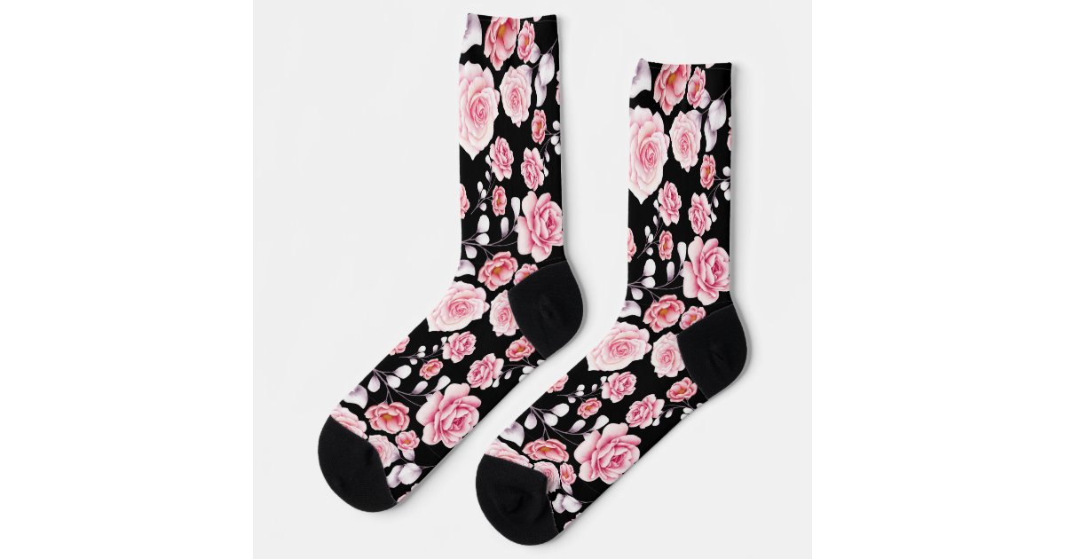 Stylish pink floral pattern print on black socks | Zazzle
