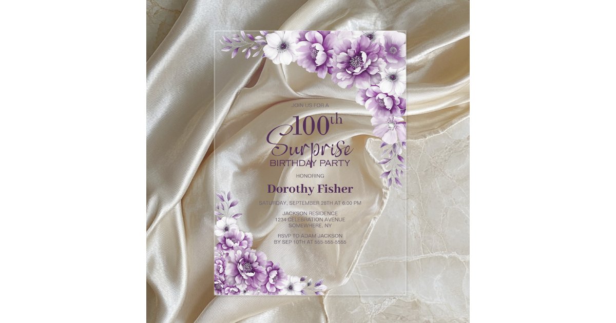 Stylish Pink Floral Surprise 100th Birthday Party Acrylic Invitations ...
