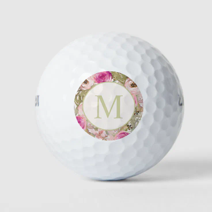 Stylish Pink Flowers Green Leaves Monogram Women Golf Balls | Zazzle