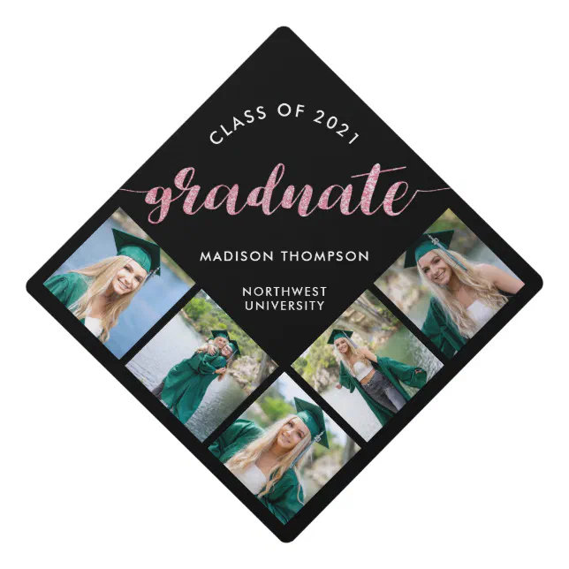 Stylish Pink Glitter Calligraphy Custom Photo Graduation Cap Topper ...