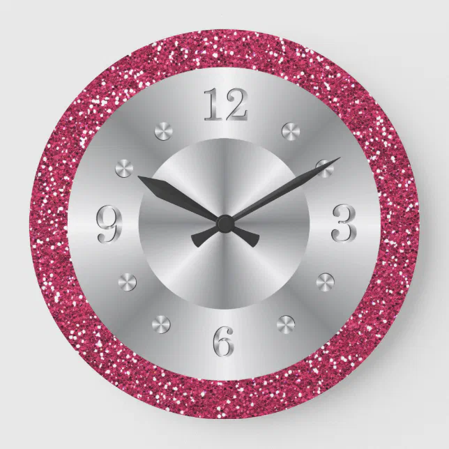 Stylish Pink Glitter Silver Numbers Large Clock | Zazzle