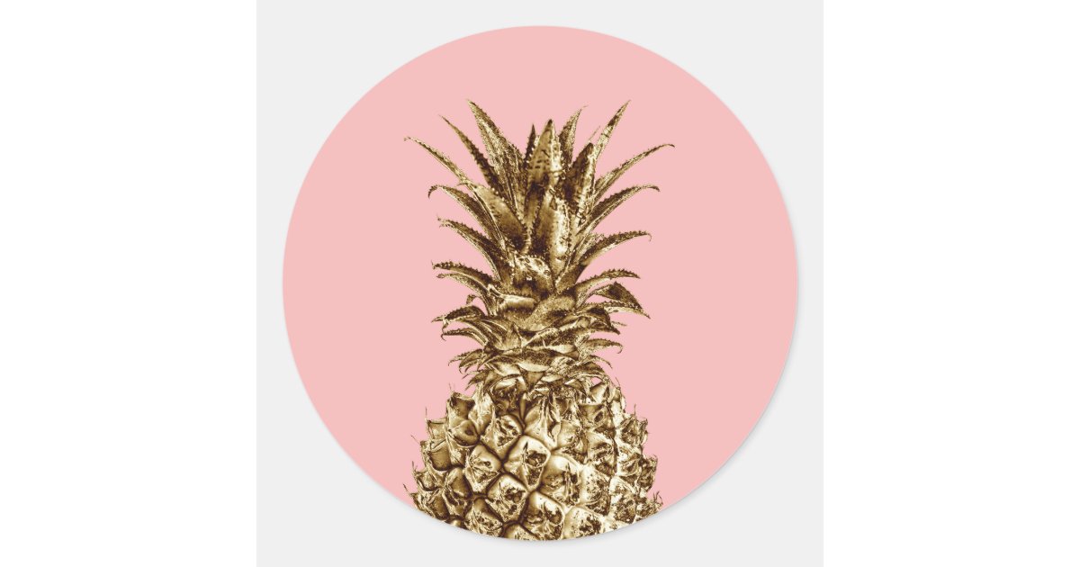 Stylish pretty girly gold & pastel pink pineapple classic round sticker ...