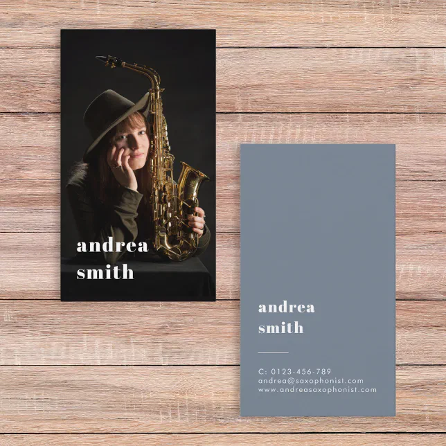 Stylish Professional Musician Photo Minimal Blue Business Card | Zazzle