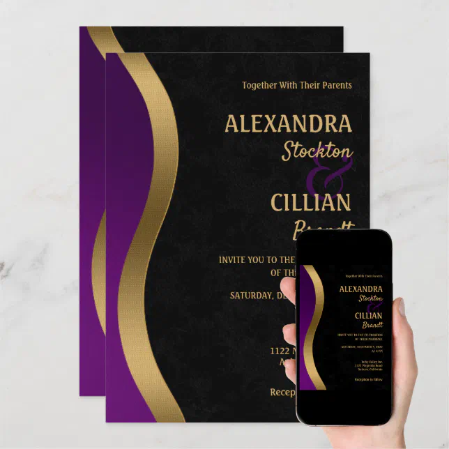 Stylish Purple and Gold Wedding Invitation | Zazzle