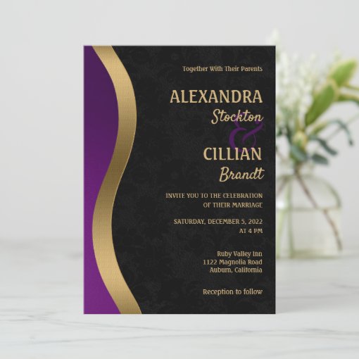 Stylish Purple and Gold Wedding Invitation | Zazzle