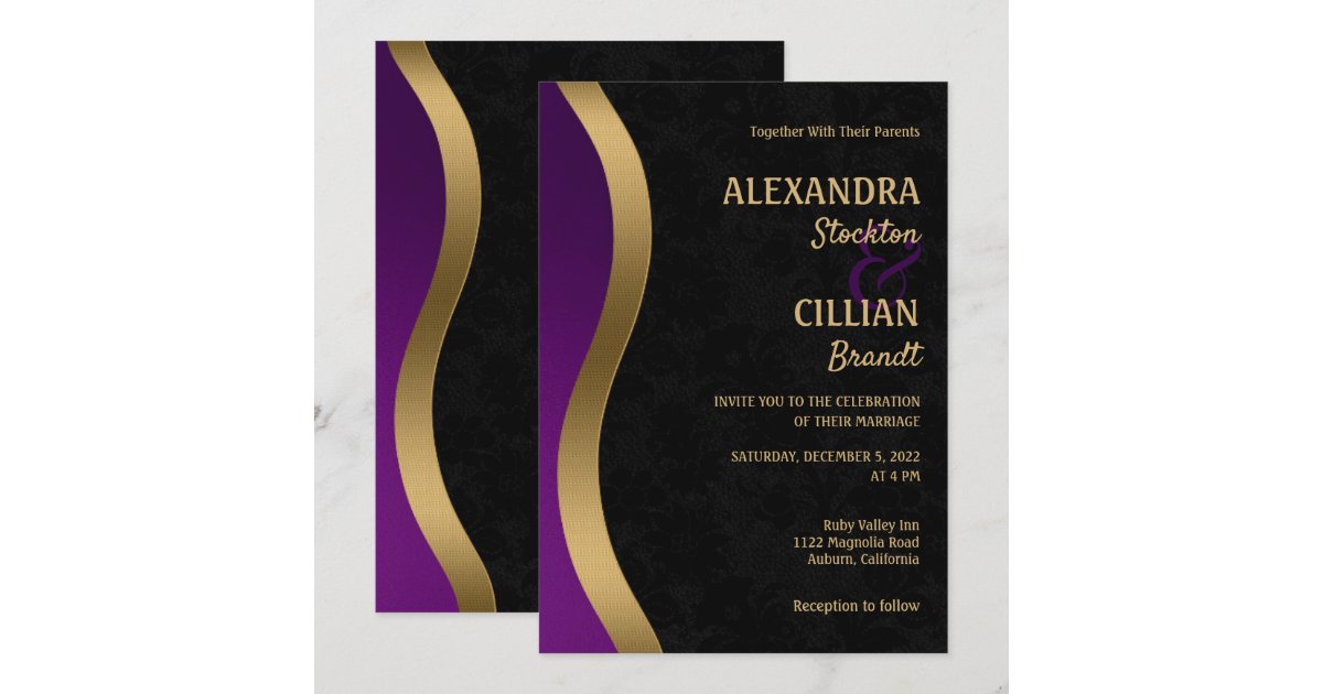 Stylish Purple and Gold Wedding Invitation | Zazzle