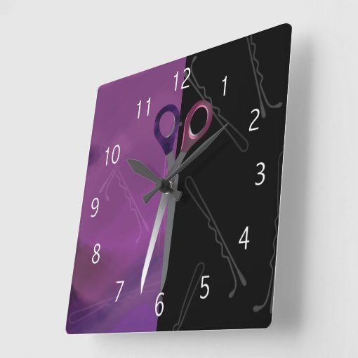 Stylish purple/pink hair salon clock | Zazzle