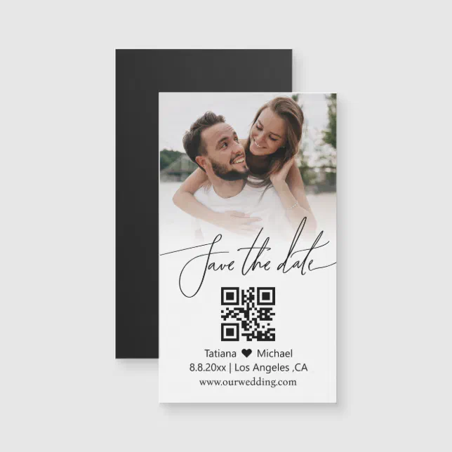 stylish qr code couple photo save the date magnet | Zazzle