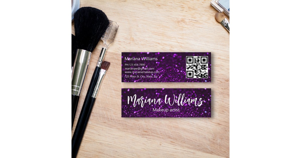 stylish qr code makeup artist purple glitters mini business card | Zazzle