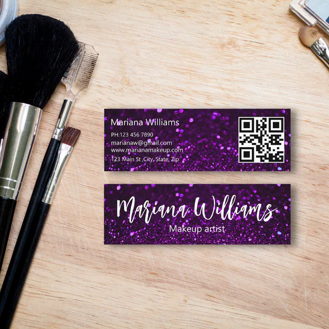 stylish qr code makeup artist purple glitters mini business card | Zazzle