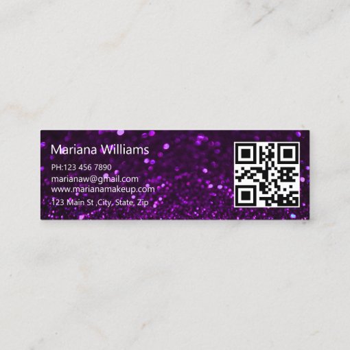 stylish qr code makeup artist purple glitters mini business card | Zazzle