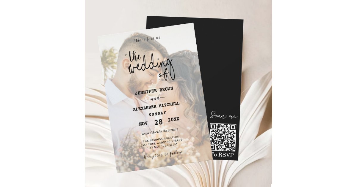 Stylish QR Code Overlay Photo Wedding Invitation | Zazzle