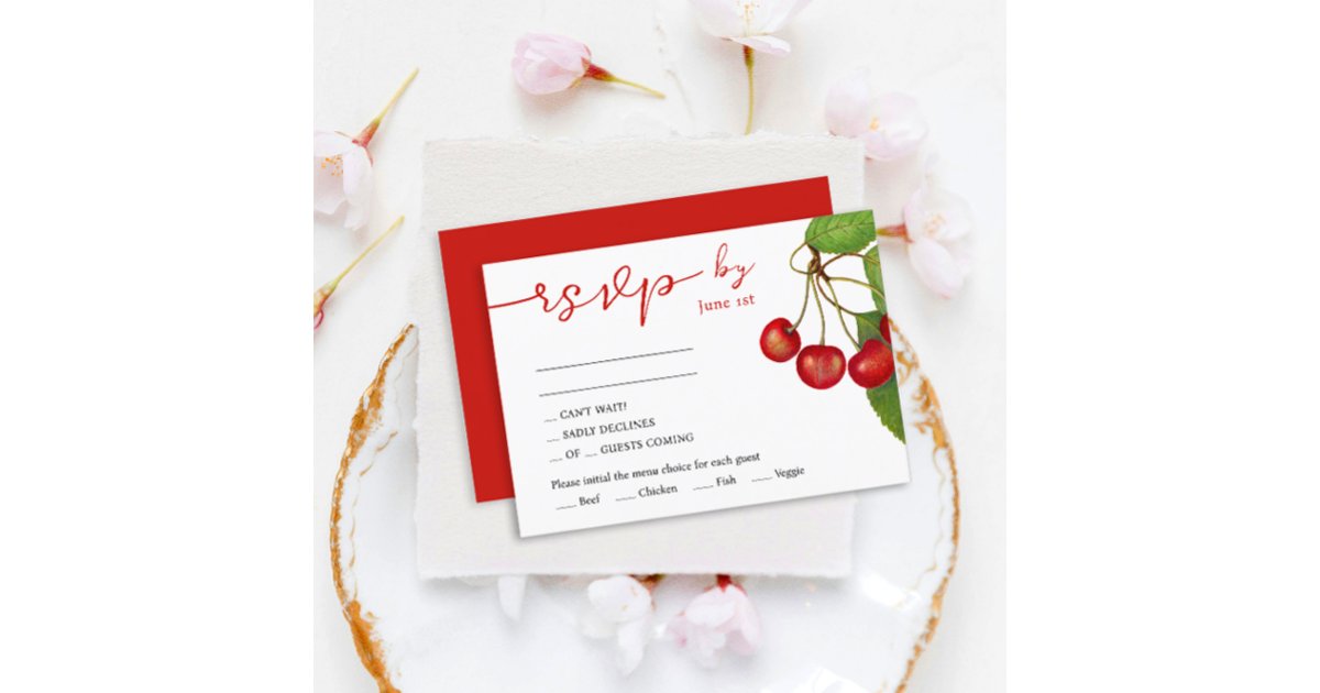 Stylish Red And White Pretty Cherries Wedding RSVP Card | Zazzle