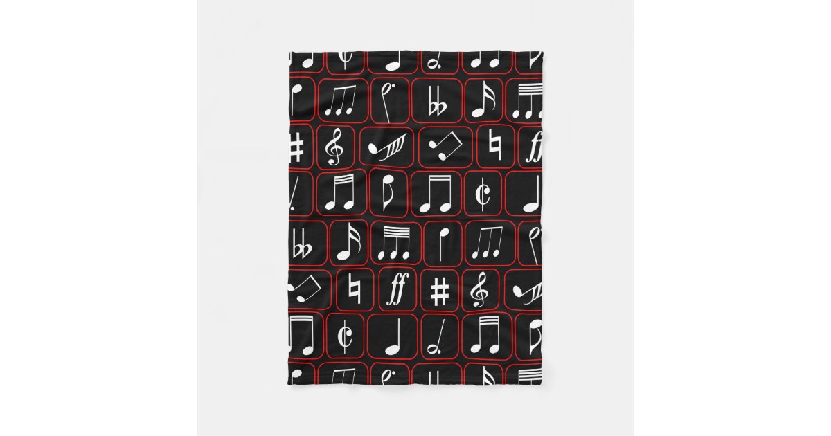 Stylish Red Black and White Geometric Music Notes Fleece Blanket | Zazzle
