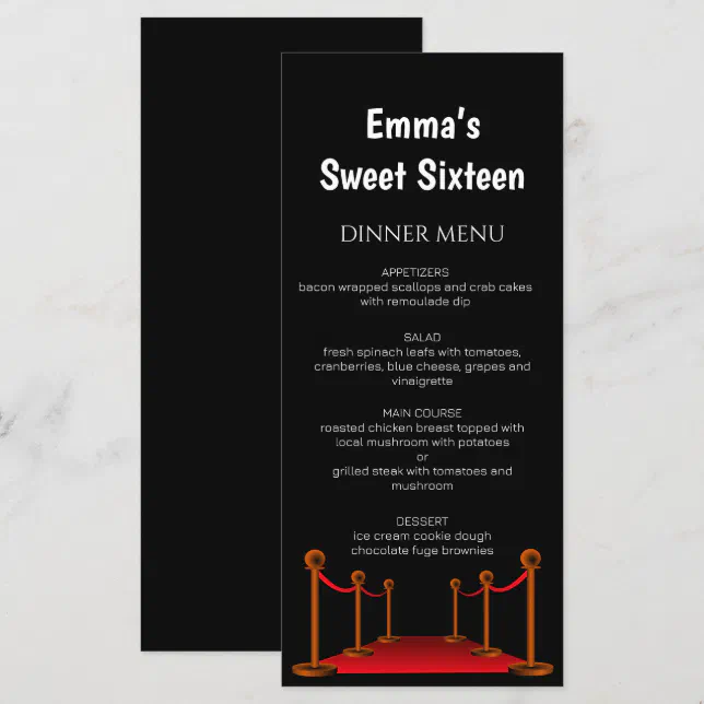 Stylish Red Carpet Hollywood Sweet 16 Birthday Menu | Zazzle