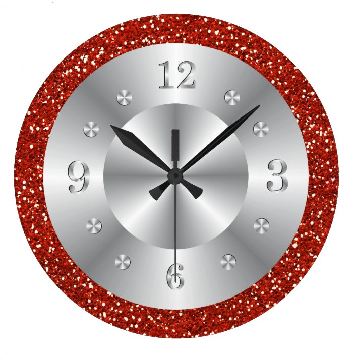 Stylish Red Glitter Silver Numbers Large Clock | Zazzle.com