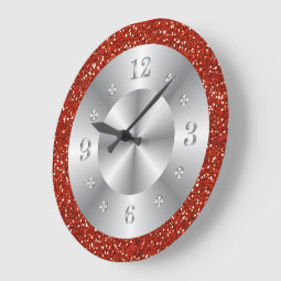 Stylish Red Glitter Silver Numbers Large Clock | Zazzle
