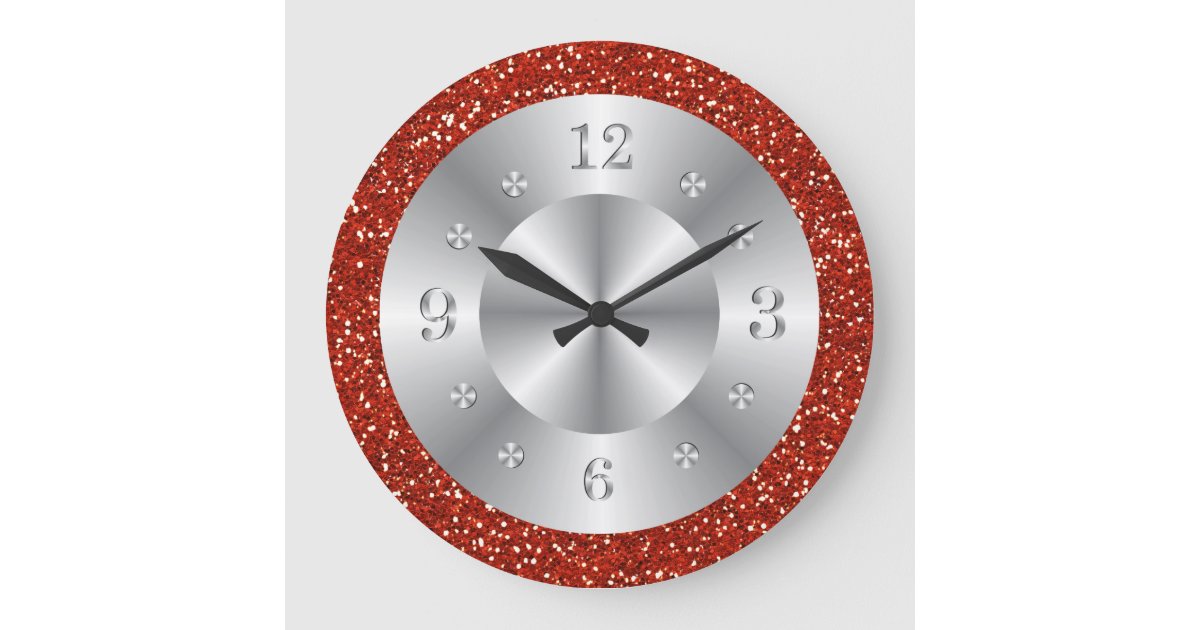 Stylish Red Glitter Silver Numbers Large Clock | Zazzle