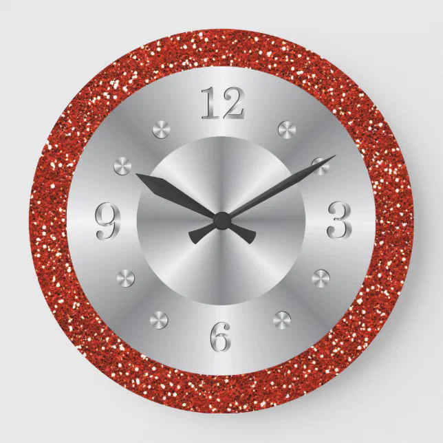Stylish Red Glitter Silver Numbers Large Clock | Zazzle