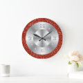 Stylish Red Glitter Silver Numbers Large Clock | Zazzle