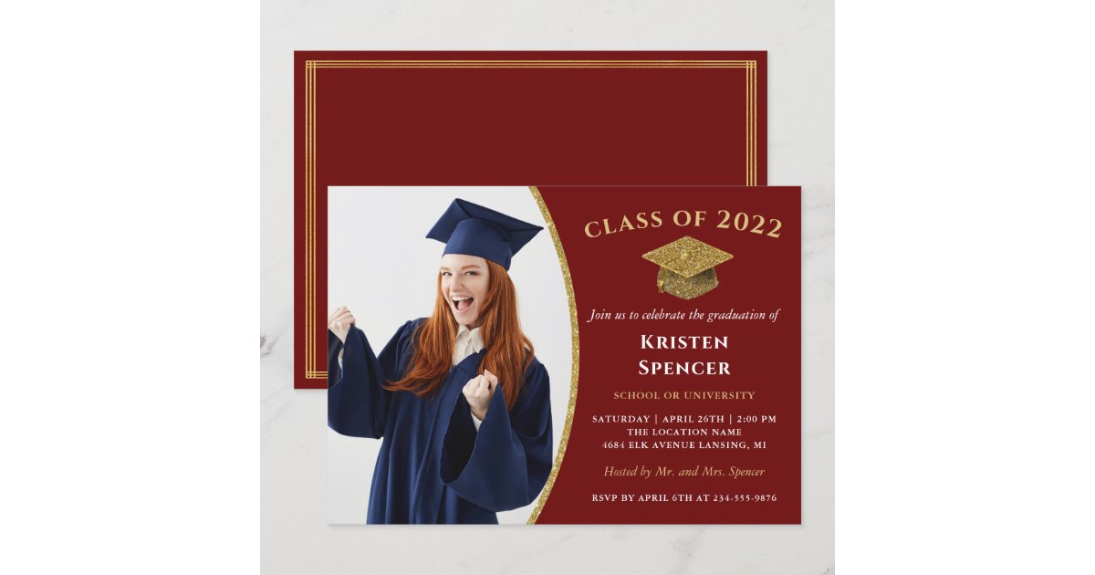 Stylish Red Gold Graduate Photo Graduation Invitation | Zazzle