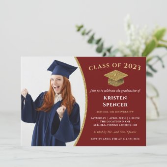 Stylish Red Gold Graduate Photo Graduation Invitation | Zazzle