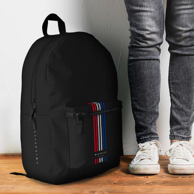 Stylish Red White Blue Stripes Monogram Printed Backpack | Zazzle