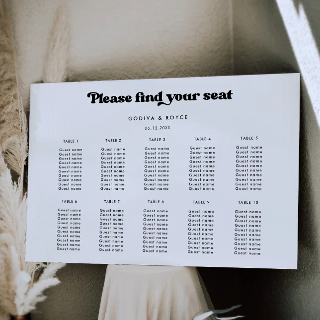 Stylish retro black & white Wedding Seating chart Foam Board | Zazzle